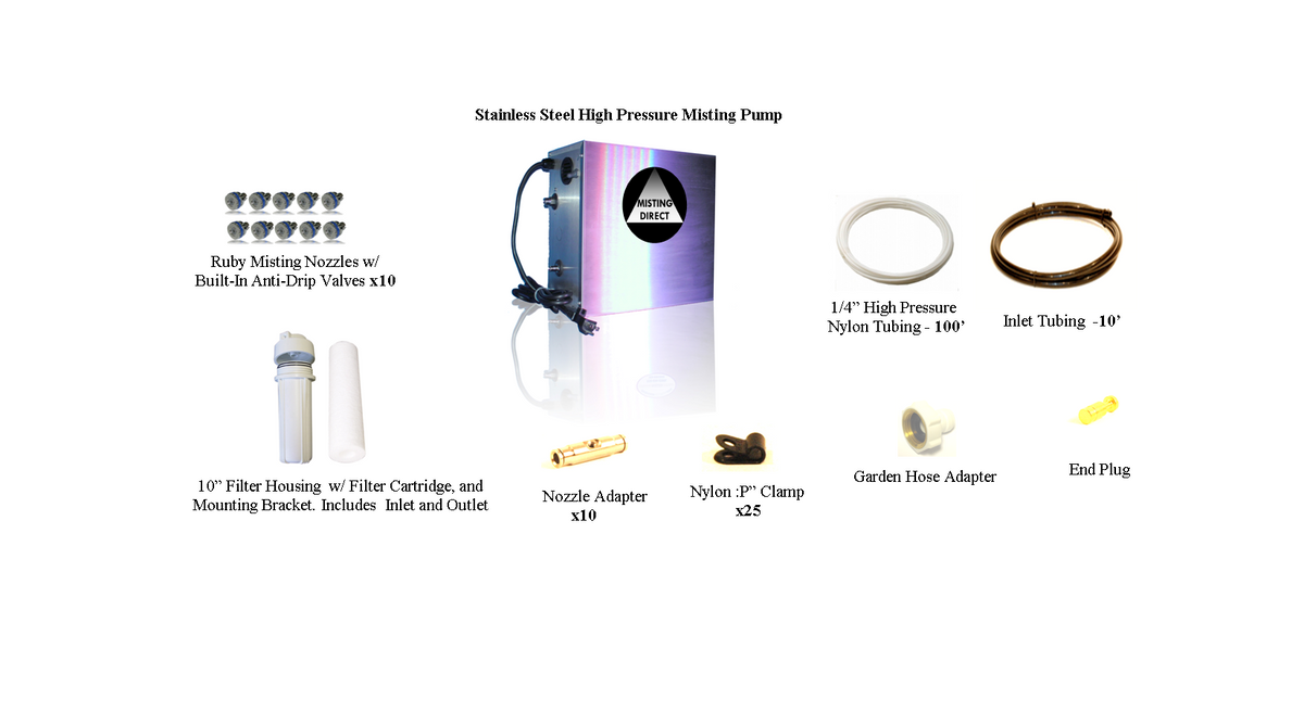 Complete 10+ Nozzle High Pressure Misting Kit w/ 1/4 GPM Stainless Ste ...